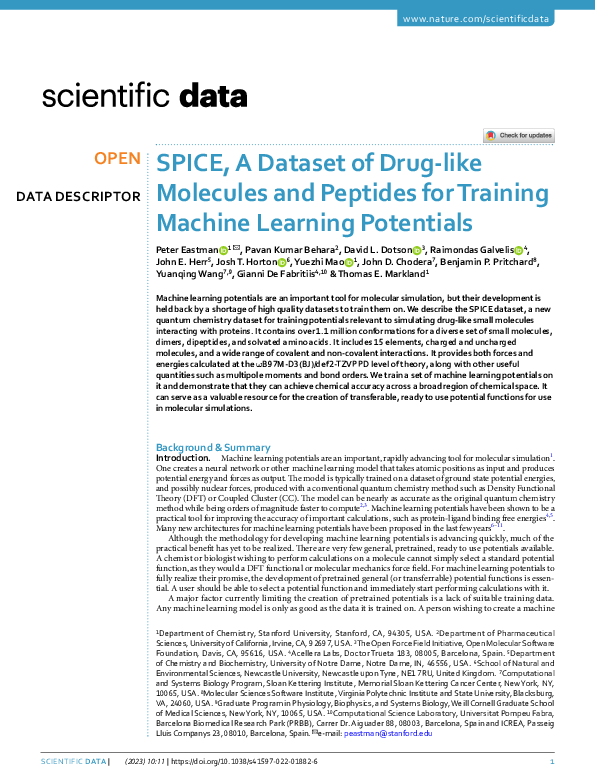 (PDF) SPICE, A Dataset of Drug-like Molecules and Peptides for Training Machine Learning Potentials