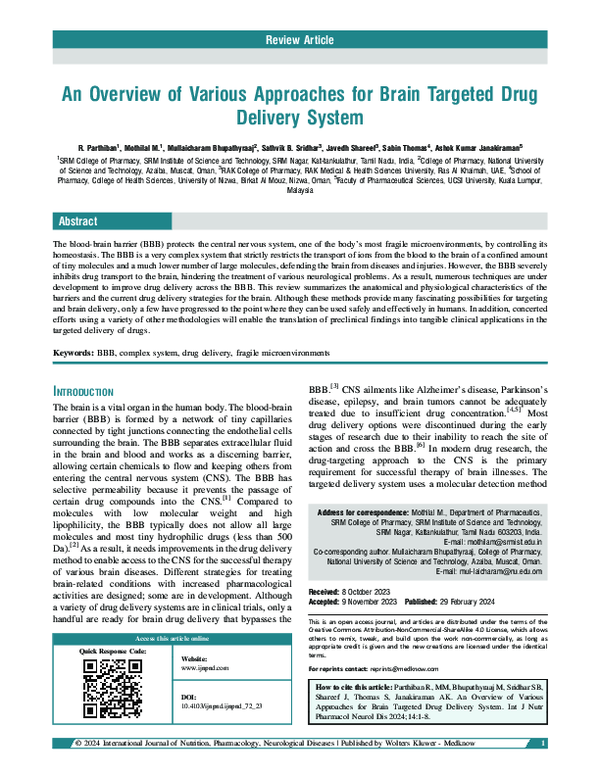 (PDF) An Overview of Various Approaches for Brain Targeted Drug ...