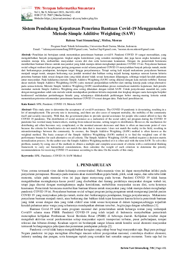 (PDF) Sistem Pendukung Keputusan Penerima Bantuan Covid-19 Menggunakan Metode Simple Additive ...
