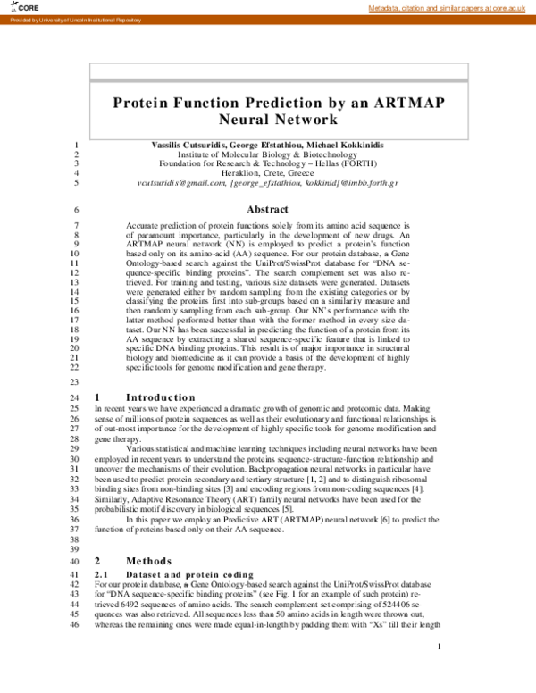 (PDF) Protein Function Prediction by an ARTMAP Neural Network
