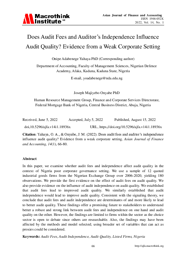 (PDF) Do Audit Fees and Auditor Independence Influence Audit Quality?