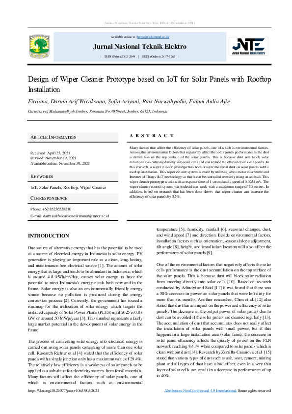 (PDF) Design of Wiper Cleaner Prototype based on IoT for Solar Panels ...