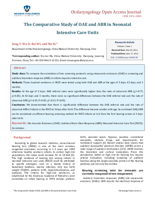 (PDF) The Comparative Study of OAE and ABR in Neonatal Intensive Care ...