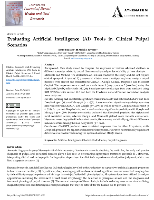 (PDF) Evaluating Artificial Intelligence (AI) Tools in Clinical Pulpal Scenarios