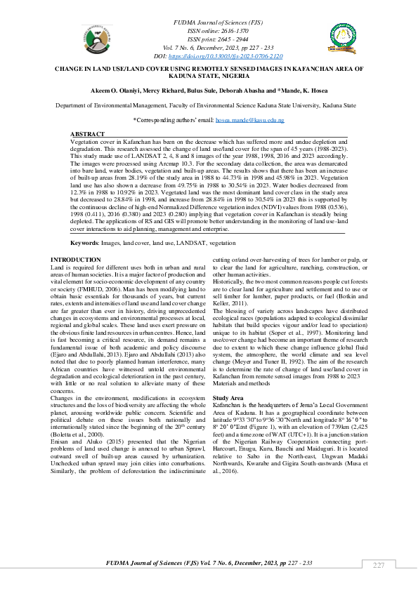 (PDF) CHANGE IN LAND USE/LAND COVER USING REMOTELY SENSED IMAGES IN ...