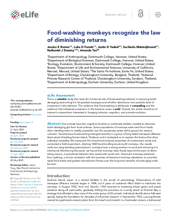 (PDF) Food-washing monkeys recognize the law of diminishing returns