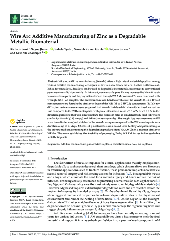 (PDF) Wire Arc Additive Manufacturing of Zinc as a Degradable Metallic ...