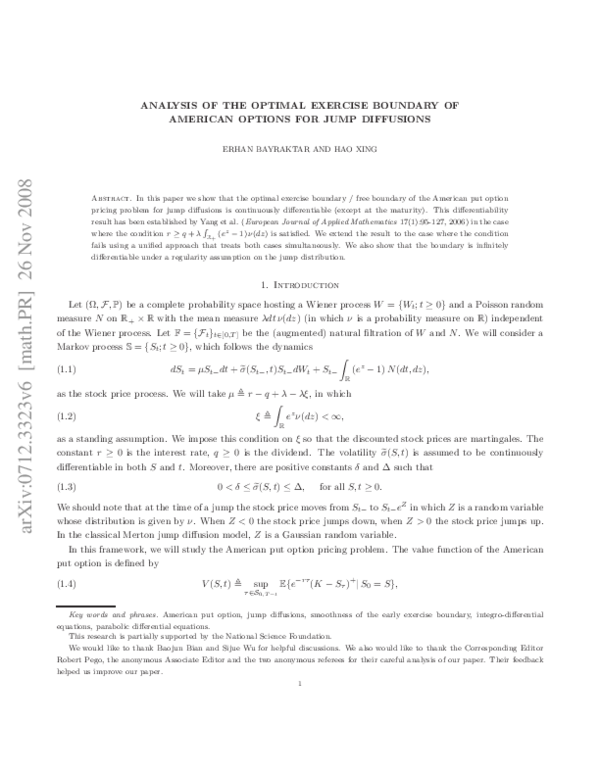 (PDF) Analysis of the Optimal Exercise Boundary of American Options for ...