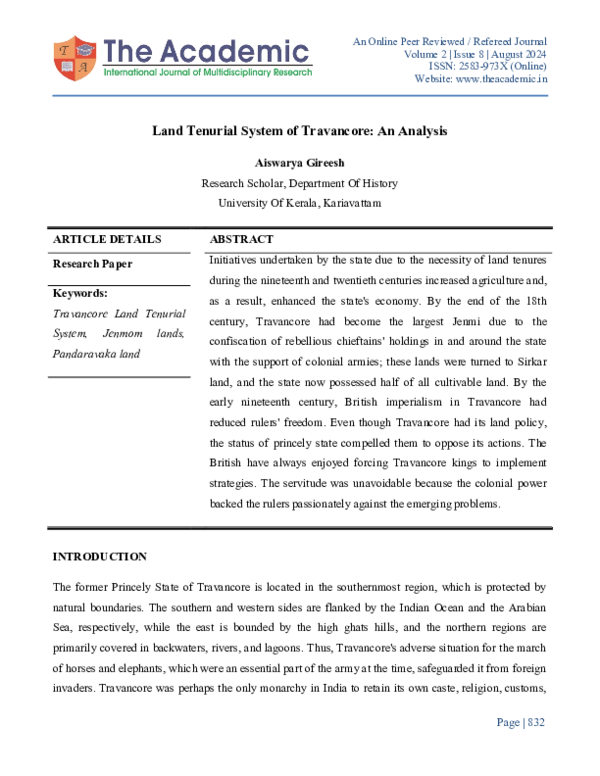 (PDF) Land Tenurial System of Travancore: An Analysis