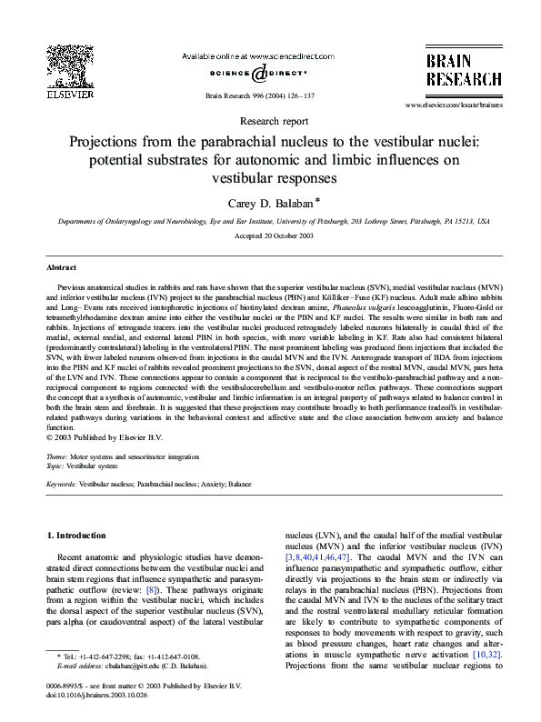 (PDF) Projections from the parabrachial nucleus to the vestibular ...