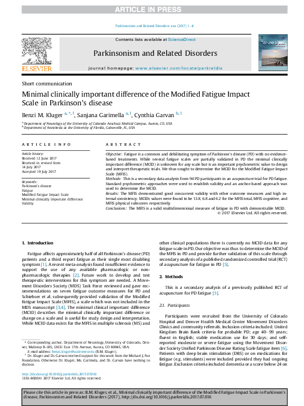 (PDF) Minimal clinically important difference of the Modified Fatigue Impact Scale in Parkinson ...