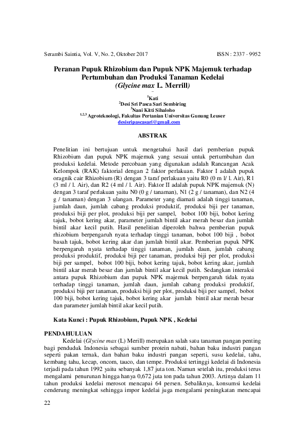 (PDF) Peranan Pupuk Rhizobium dan Pupuk NPK Majemuk terhadap Pertumbuhan dan Produksi Tanaman ...