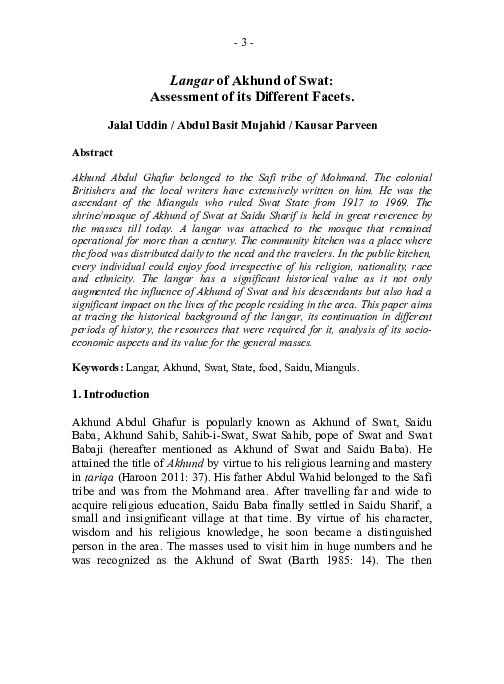 (PDF) Langar of Akhund of Swat: Assessment of its Different Facets