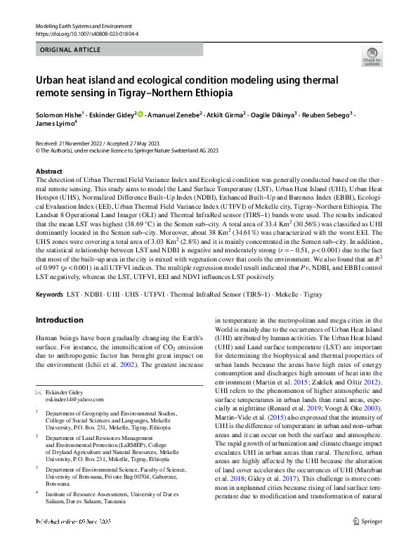 (PDF) Urban heat island and ecological condition modeling using thermal remote sensing in Tigray ...