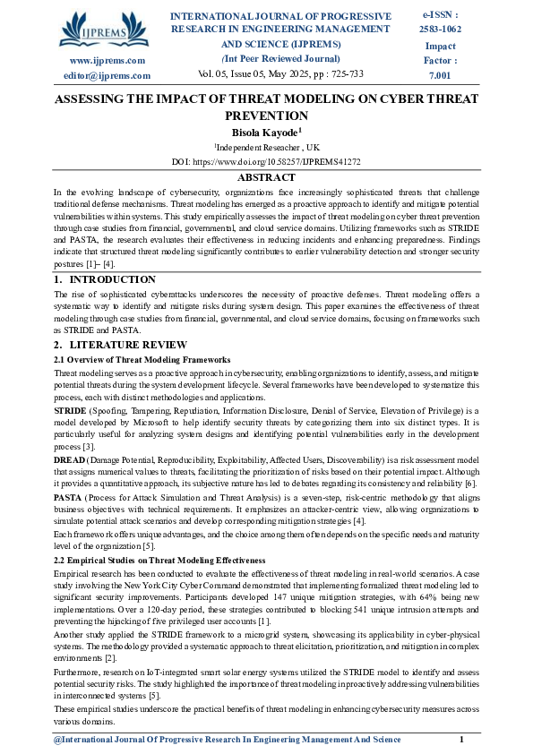 (PDF) ASSESSING THE IMPACT OF THREAT MODELING ON CYBER THREAT PREVENTION