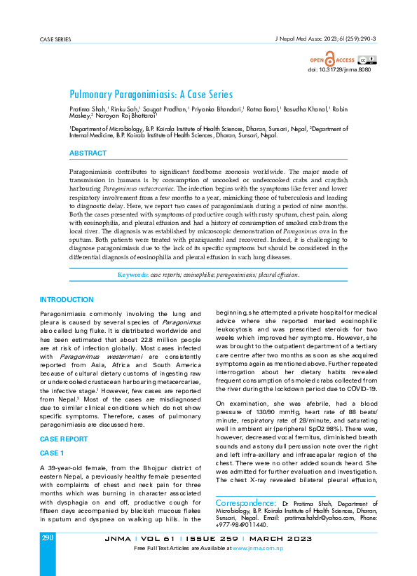 (PDF) Pulmonary Paragonimiasis: A Case Series