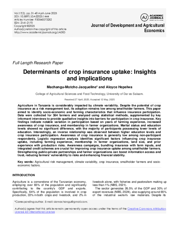 (PDF) Determinants of crop insurance uptake: Insights and implications