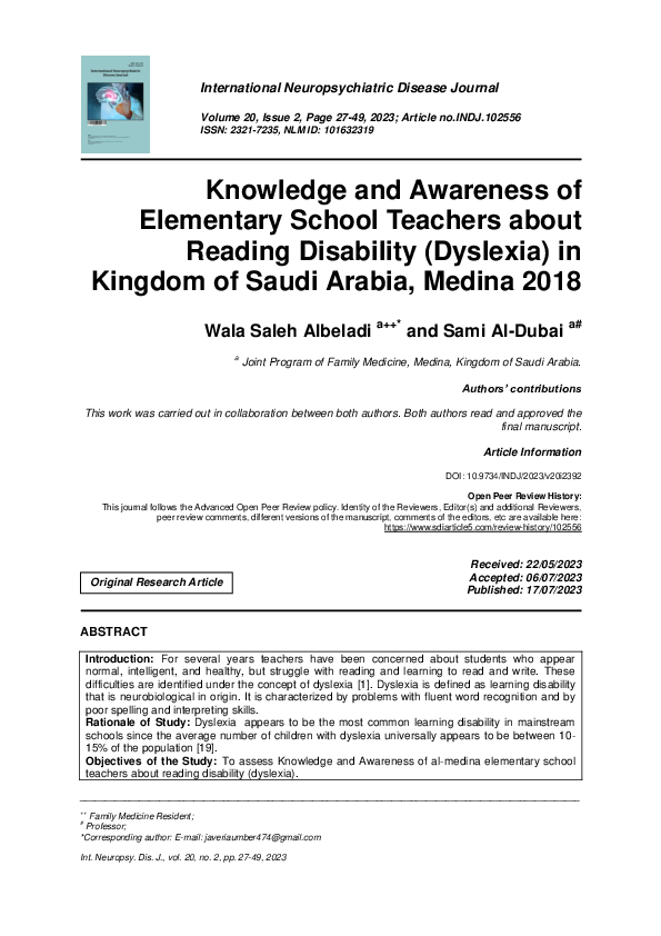 (PDF) Knowledge and Awareness of Elementary School Teachers about Reading Disability (Dyslexia ...