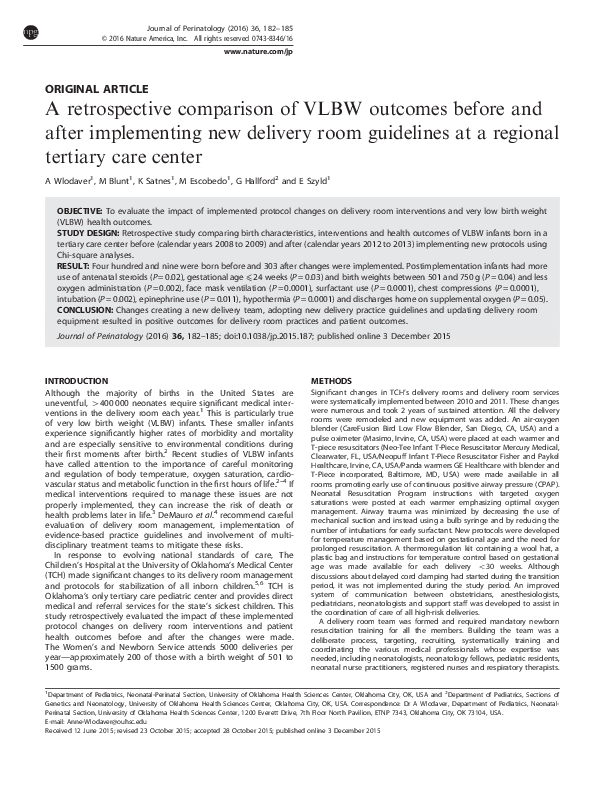 (PDF) A retrospective comparison of VLBW outcomes before and after ...