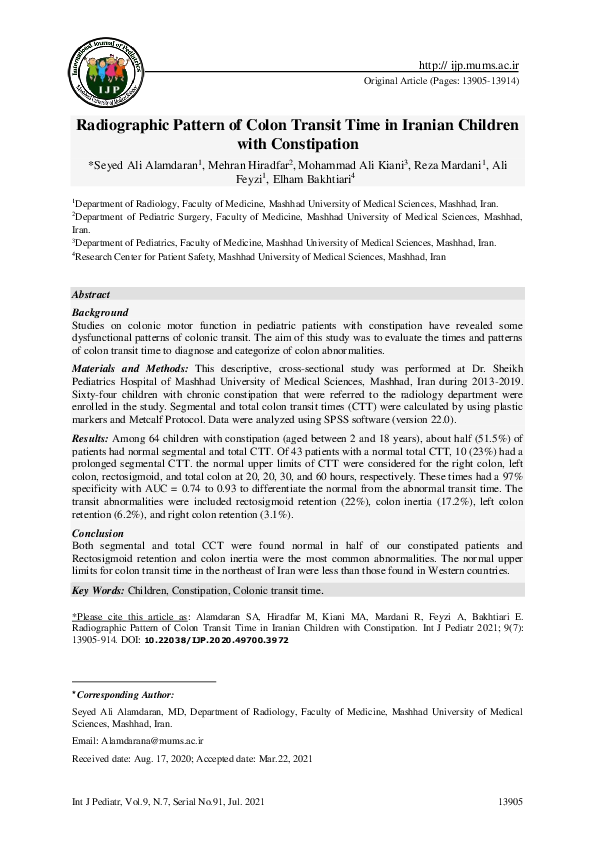 (PDF) Radiographic pattern of colon transit time in a sample of Iranian ...