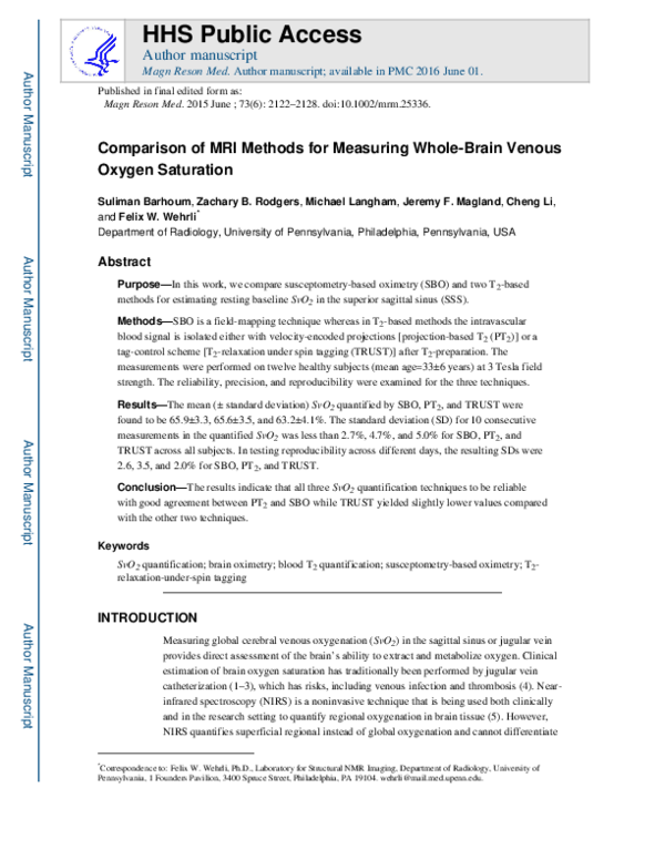 (PDF) Comparison of MRI methods for measuring whole-brain venous oxygen ...