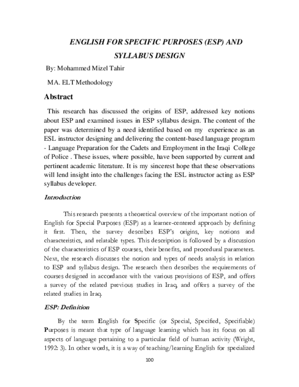 (PDF) English for Specific Purposes (Esp) and Syllabus Design