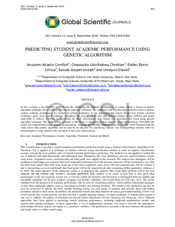 (PDF) PREDICTING STUDENT ACADEMIC PERFORMANCE USING GENETIC ALGORITHM