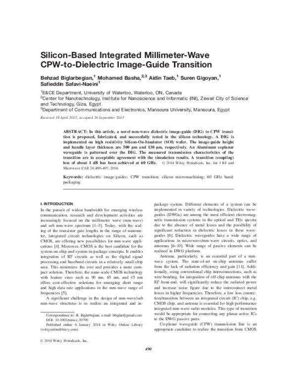 (PDF) Silicon-based integrated millimeter-wave CPW-to-dielectric image-guide transition