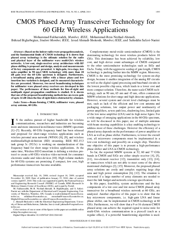 (PDF) CMOS Phased Array Transceiver Technology for 60 GHz Wireless ...