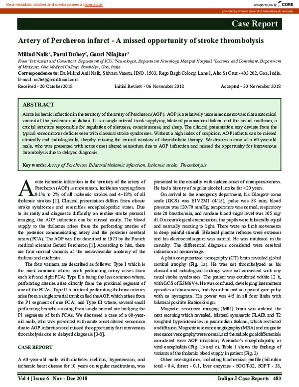 (PDF) Artery of Percheron infarct - A missed opportunity of stroke ...
