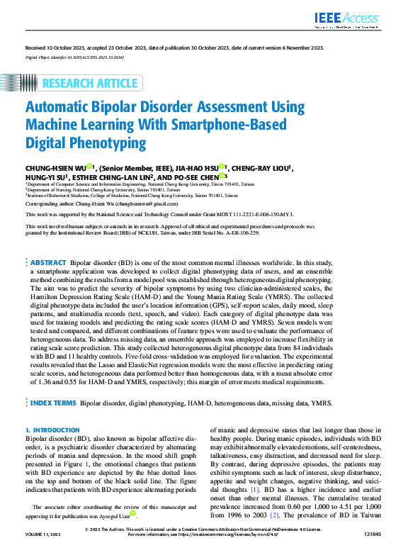 (PDF) Automatic Bipolar Disorder Assessment Using Machine Learning With Smartphone-Based Digital ...