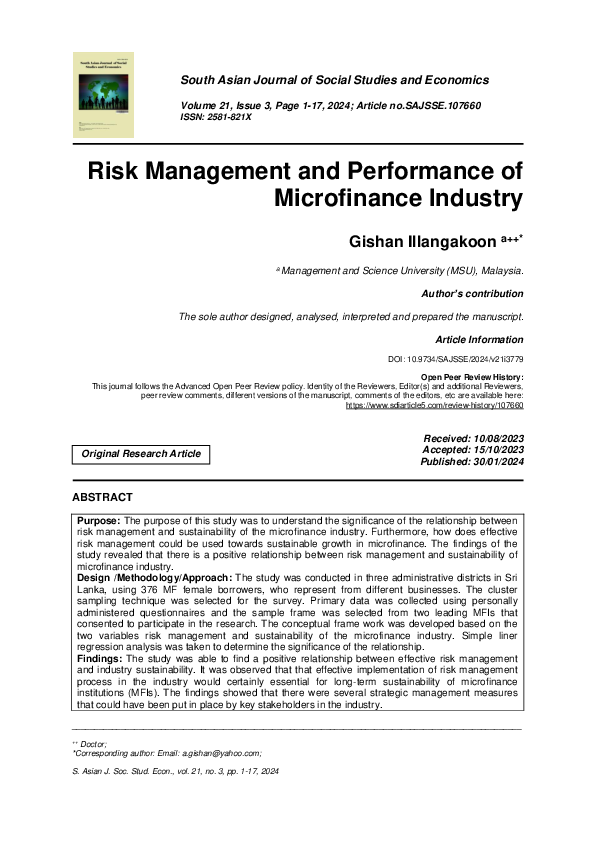 (PDF) Risk Management and Performance of Microfinance Industry