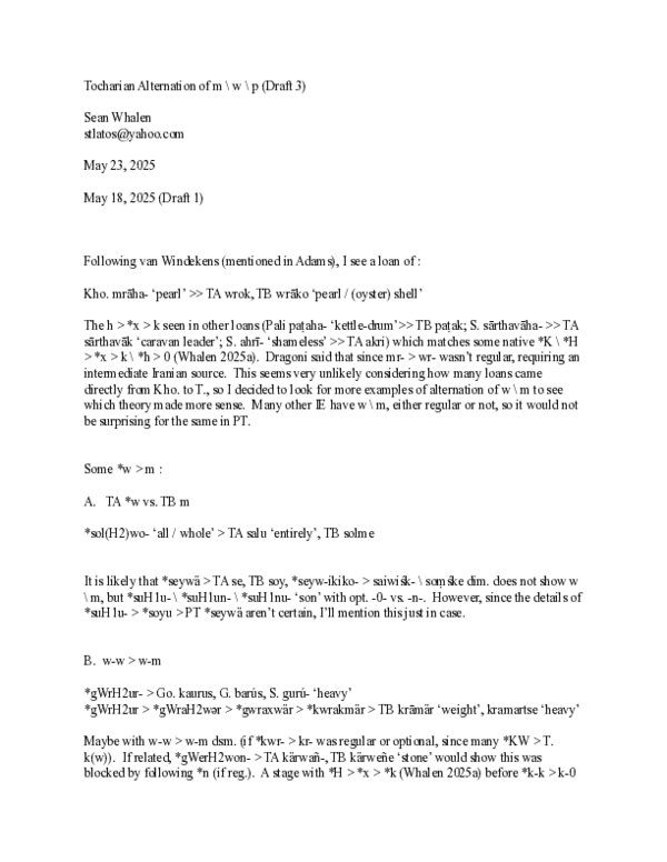 (PDF) Tocharian Alternation of m \ w \ p (Draft)
