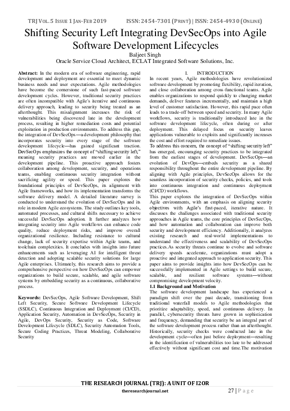 (PDF) Shifting Security Left Integrating DevSecOps into Agile Software Development Lifecycles