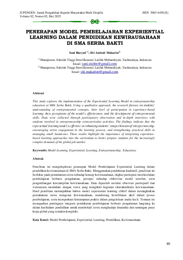 (PDF) PENERAPAN MODEL PEMBELAJARAN EXPERIENTIAL LEARNING DALAM PENDIDIKAN KEWIRAUSAHAAN DI SMA ...
