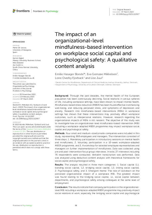 (PDF) The impact of an organizational-level mindfulness-based intervention on workplace social ...