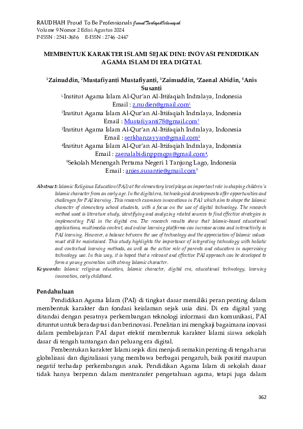 (PDF) MEMBENTUK KARAKTER ISLAMI SEJAK DINI: INOVASI PENDIDIKAN AGAMA ISLAM DI ERA DIGITAL