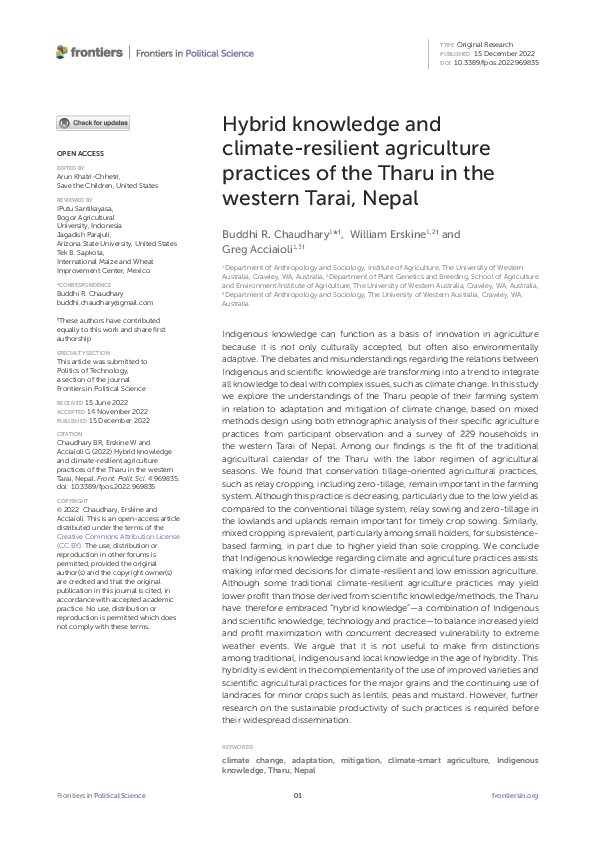 (PDF) Hybrid knowledge and climate-resilient agriculture practices of the Tharu in the western ...