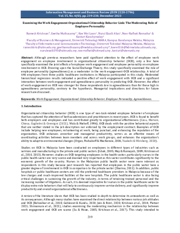 (PDF) Examining the Work Engagement-Organizational Citizenship Behavior Link: The Moderating ...