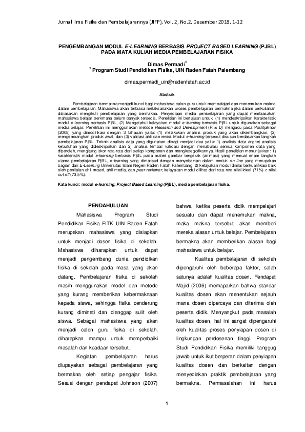 (PDF) Pengembangan Modul E-Learning Berbasis Project Based Learning (PJBL) Pada Mata Kuliah ...