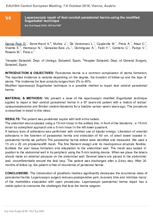 (PDF) Laparoscopic repair of ileal conduit parastomal hernia using the ...
