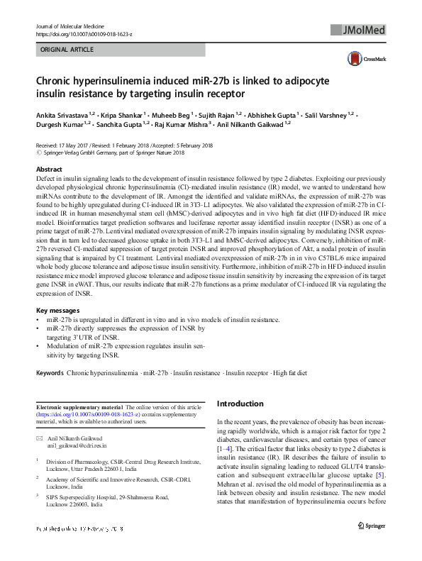 (PDF) Chronic hyperinsulinemia induced miR-27b is linked to adipocyte ...