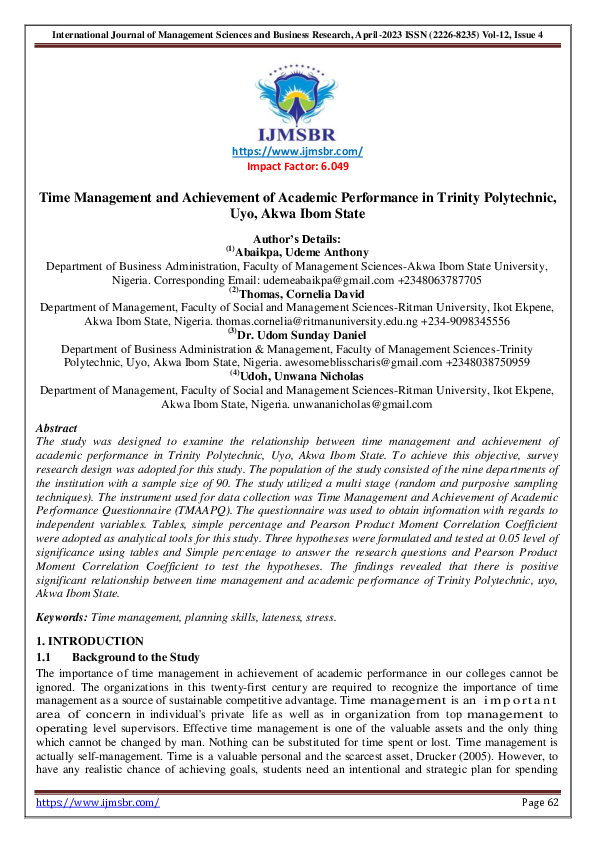 (PDF) Time Management and Achievement of Academic Performance in ...
