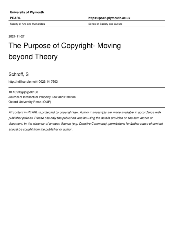 (PDF) The purpose of copyright—moving beyond the theory