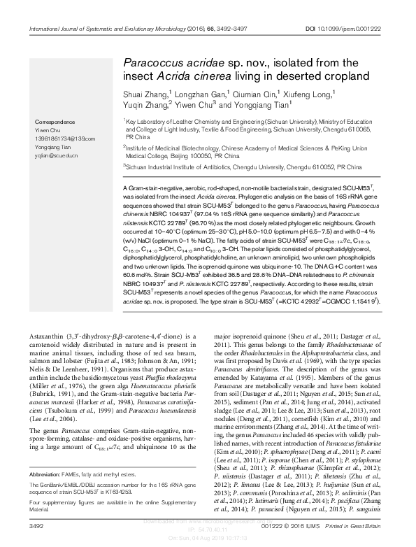 (PDF) Paracoccus acridae sp. nov., isolated from insect Acrida cinerea ...