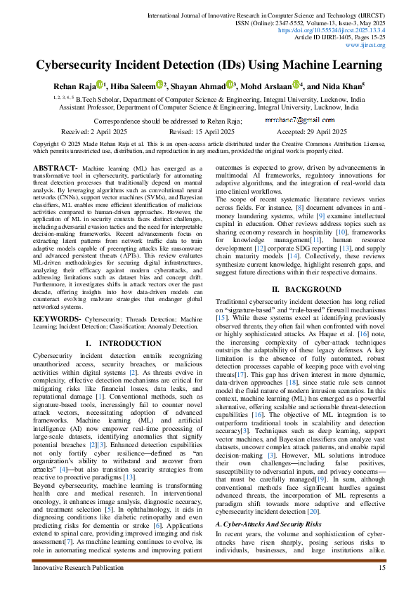 (PDF) Cybersecurity Incident Detection (IDs) Using Machine Learning
