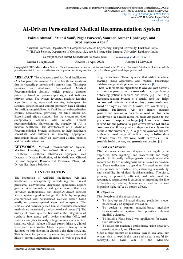 (PDF) AI-Driven Personalized Medical Recommendation System