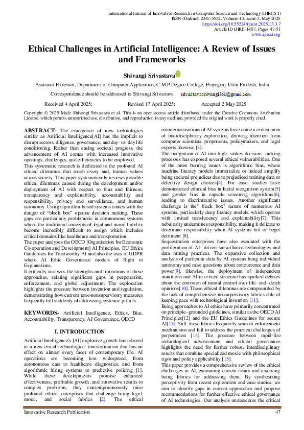 (PDF) Ethical Challenges in Artificial Intelligence: A Review of Issues and Frameworks