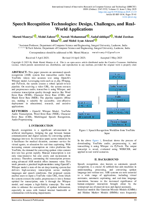 (PDF) Speech Recognition Technologies: Design, Challenges, and Real ...