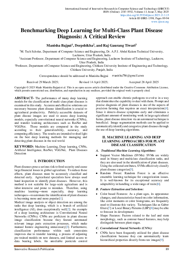 (PDF) Benchmarking Deep Learning for Multi-Class Plant Disease Diagnosis: A Critical Review